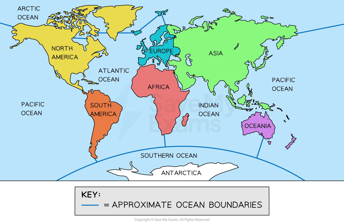 World Map With Oceans Labeled Boundaries Between Oceans And Seas